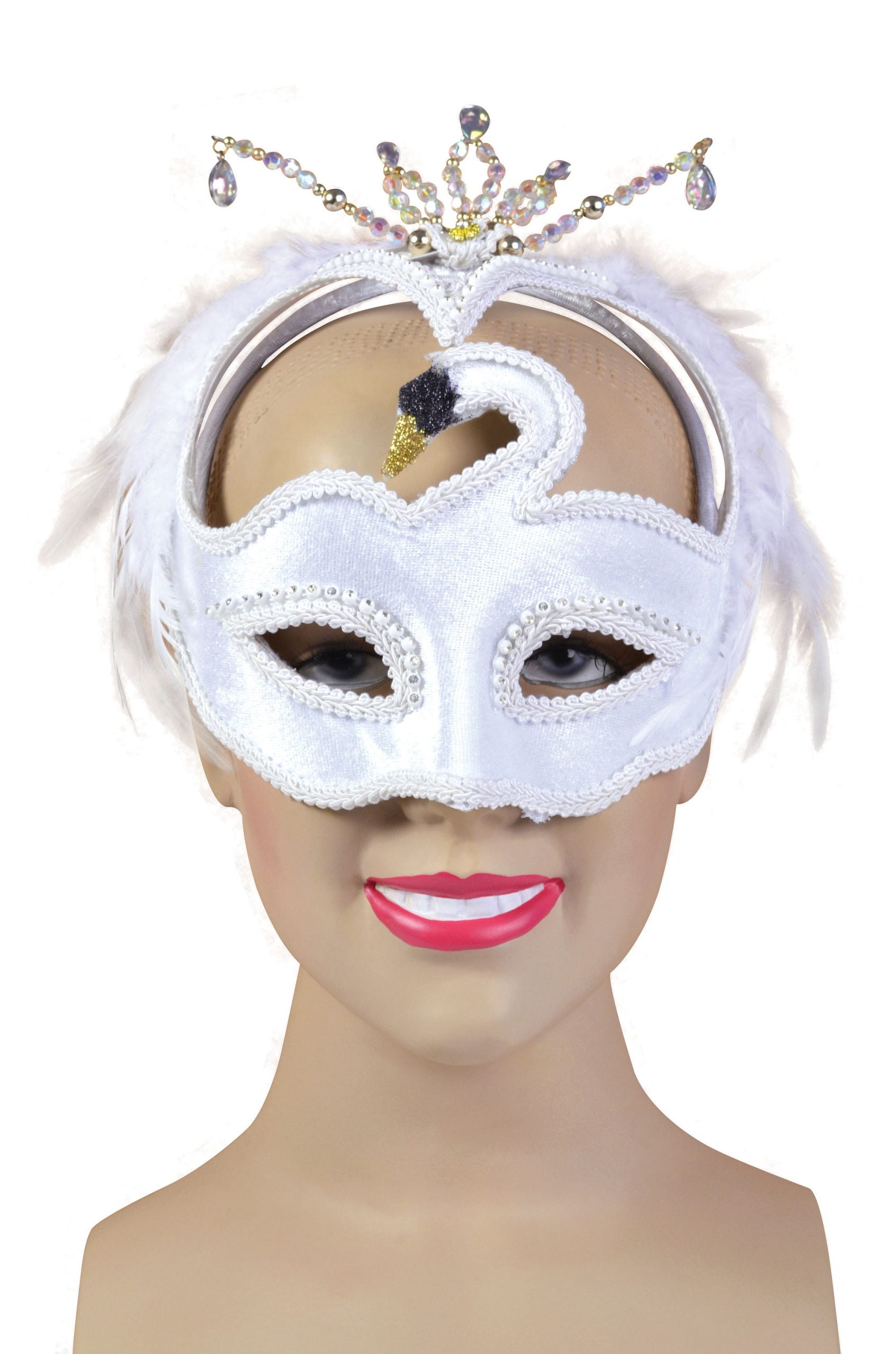 White Swan Mask Jewelled Faux Feathers